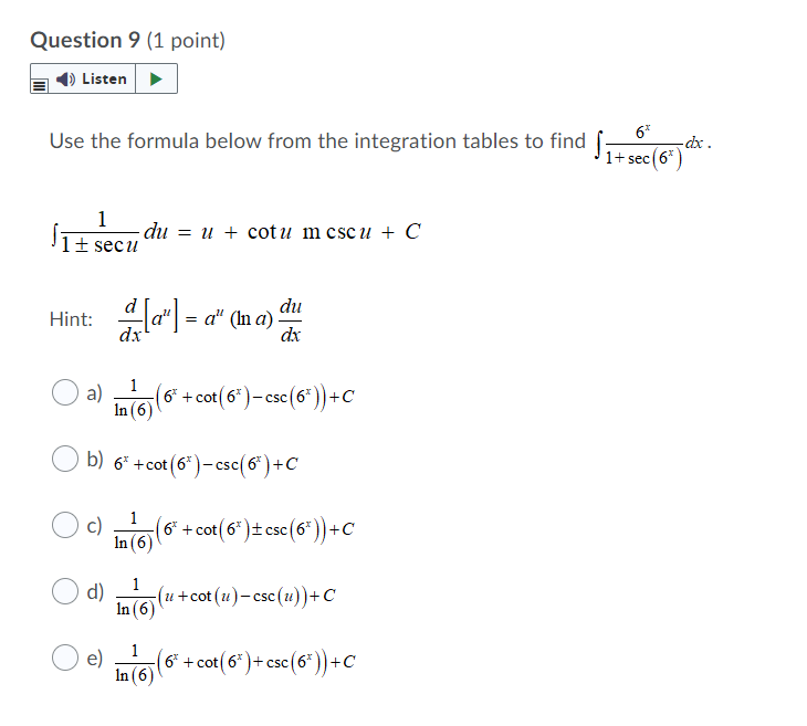 Solved Use the formula below from the integration tables | Chegg.com