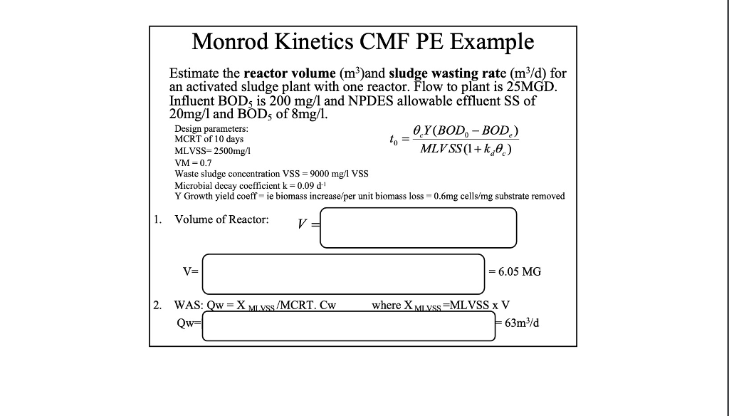 Solved Monrod Kinetics CMF PE Example Estimate the reactor | Chegg.com