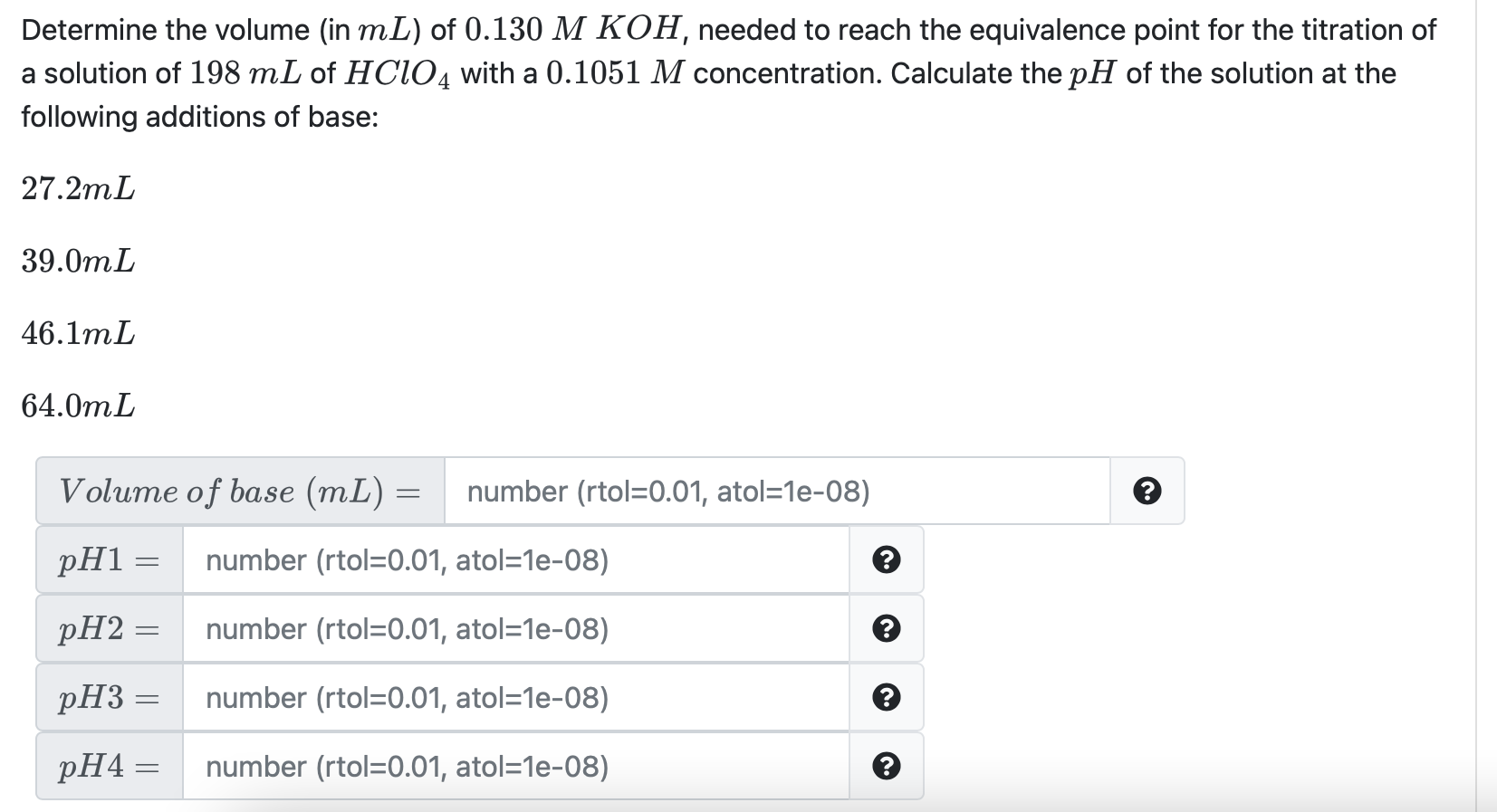 Solved Determine the volume (in mL) of 0.130 M KOH, needed | Chegg.com