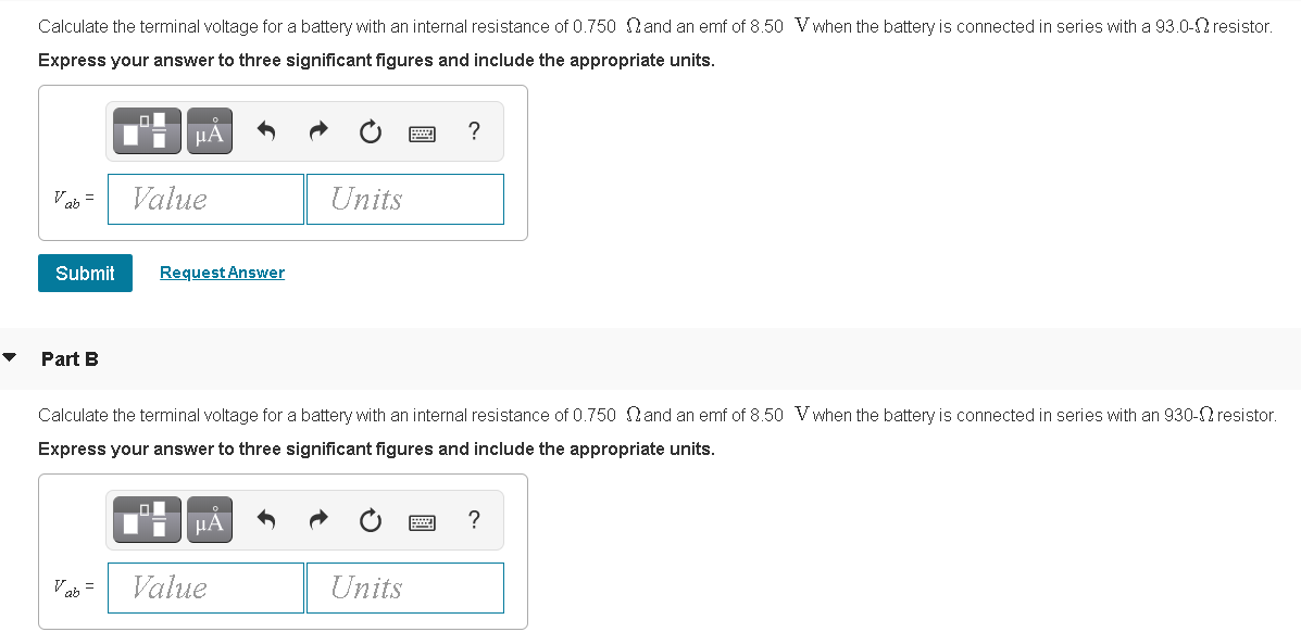 Solved Calculate the terminal voltage for a battery with an | Chegg.com