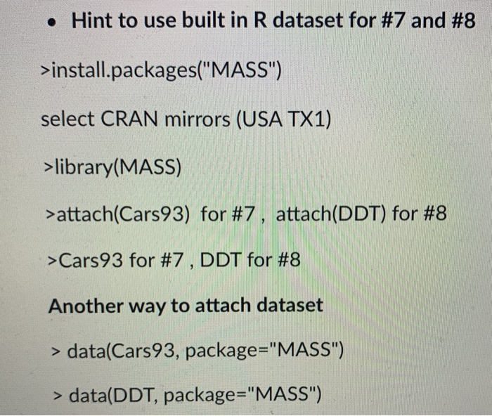 Solved 7. data(Cars93) in the "MASS" package contains data | Chegg.com