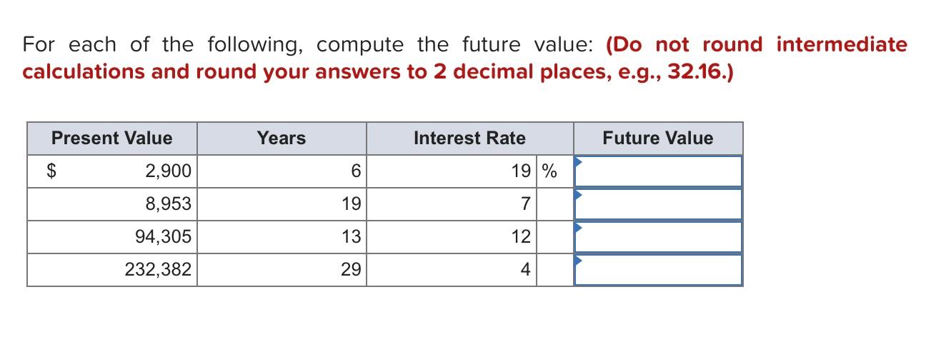 Solved For each of the following, compute the future value: | Chegg.com