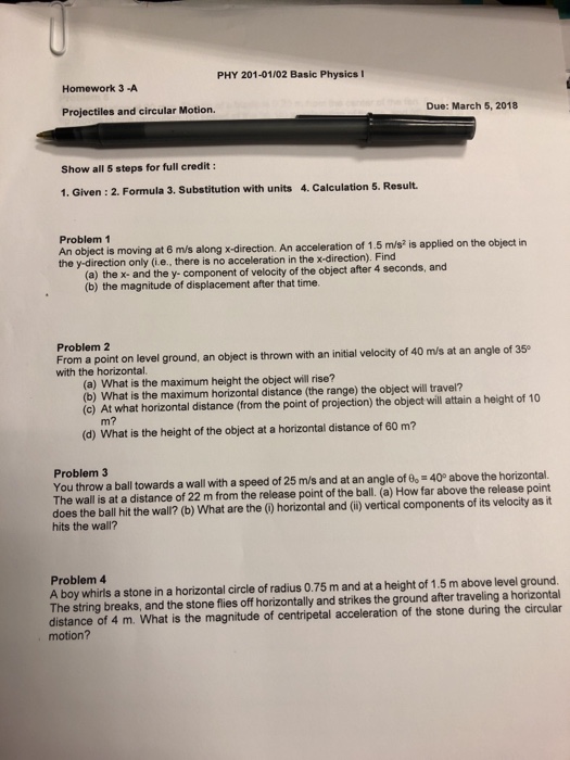 Solved Phy 201 01 02 Basic Physics Homework 3 A Projectiles