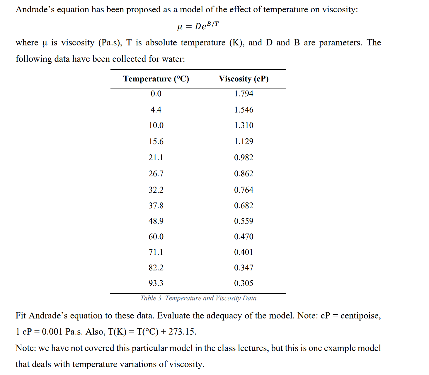 Solved Fit Andrade's equation to these data. Evaluate the | Chegg.com