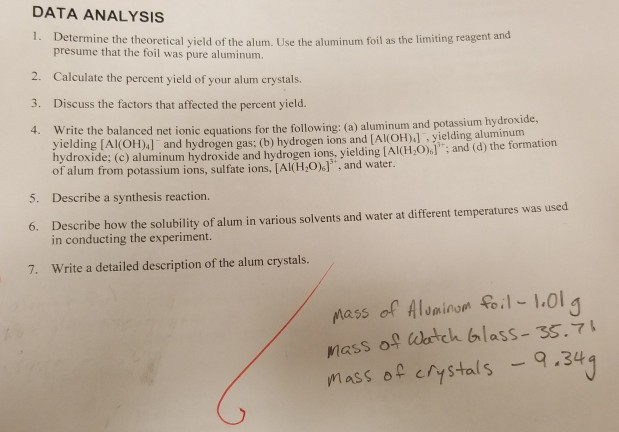 Solved DATA ANALYSIS 1. Determine the theoretical yield of | Chegg.com
