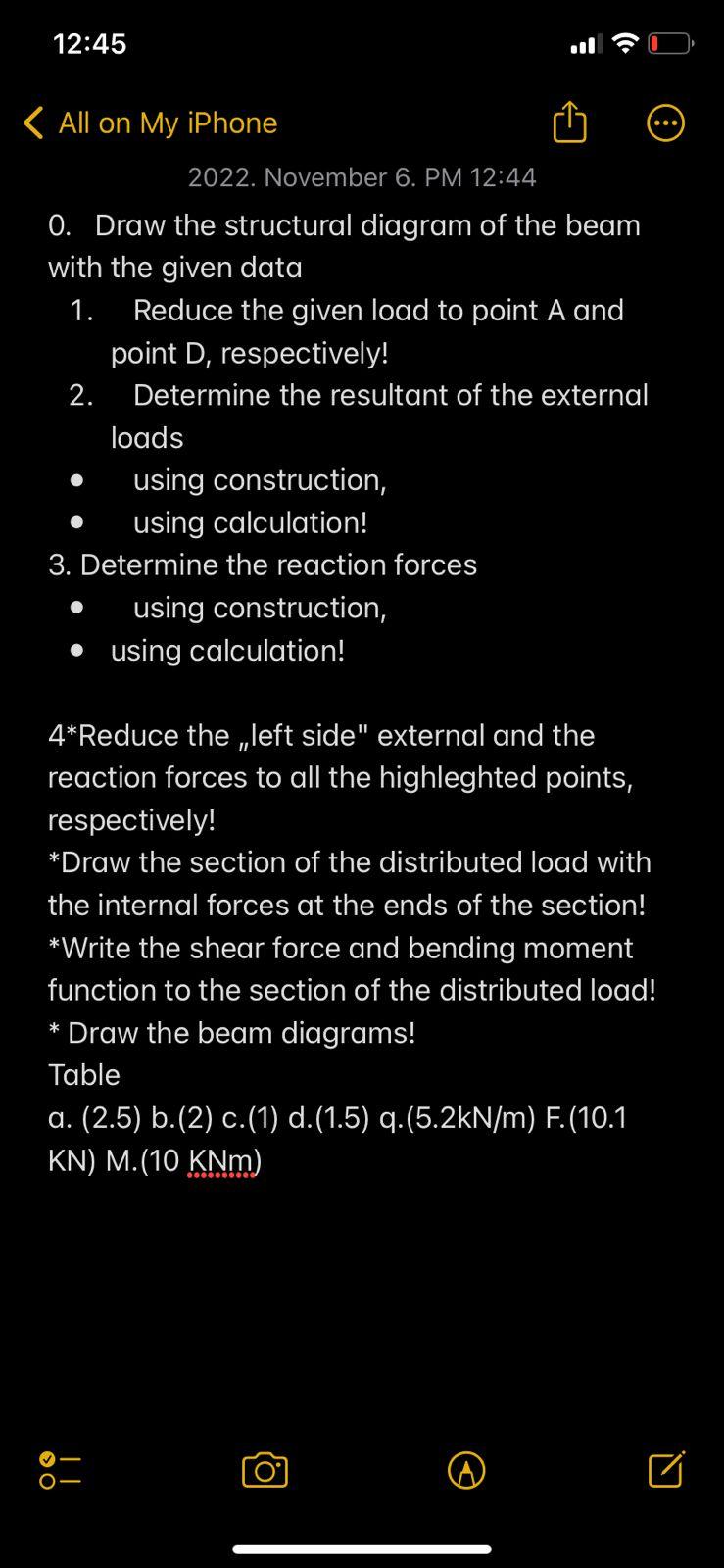 Geometry data of the sketched beam: Loading data: