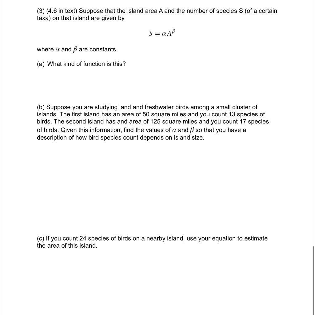 Solved (3) (4.6 in text) Suppose that the island area A and | Chegg.com