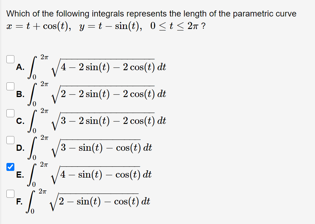 Solved Which of the following integrals represents the | Chegg.com