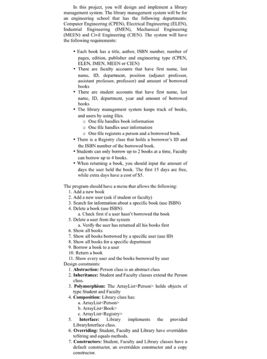 Solved In this project, you will design and implement a | Chegg.com