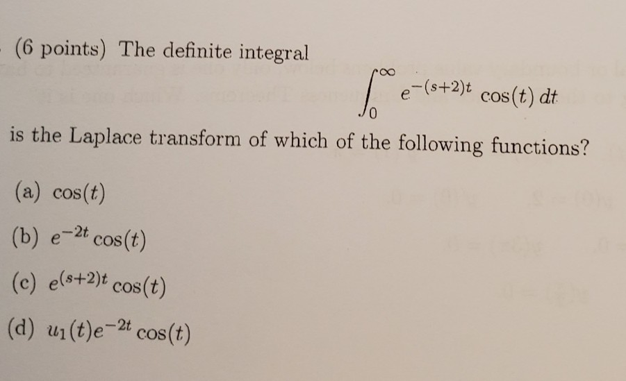 Solved (6 points) The definite integral cO e-(s+2)t cos(t) | Chegg.com