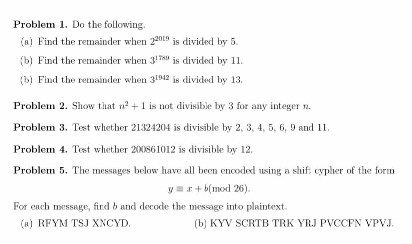 Solved Problem 1. Do the following. (a) Find the remainder | Chegg.com