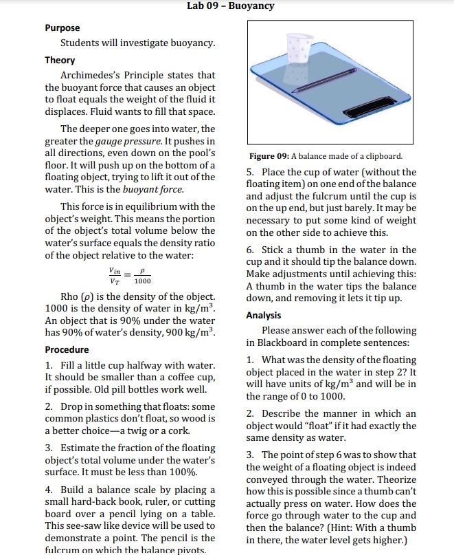 Solved Lab 09 - Buoyancy Purpose Students will investigate | Chegg.com