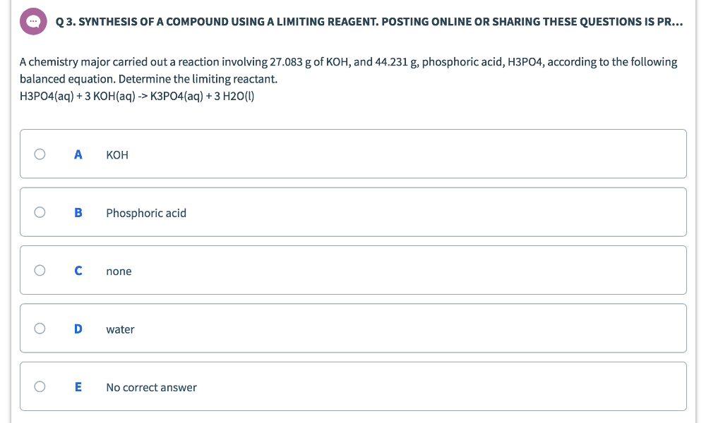 Solved Q3. SYNTHESIS OF A COMPOUND USING ALIMITING REAGENT. | Chegg.com