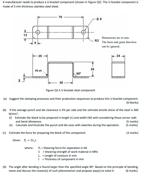 Solved A manufacturer needs to produce a U-bracket component | Chegg.com
