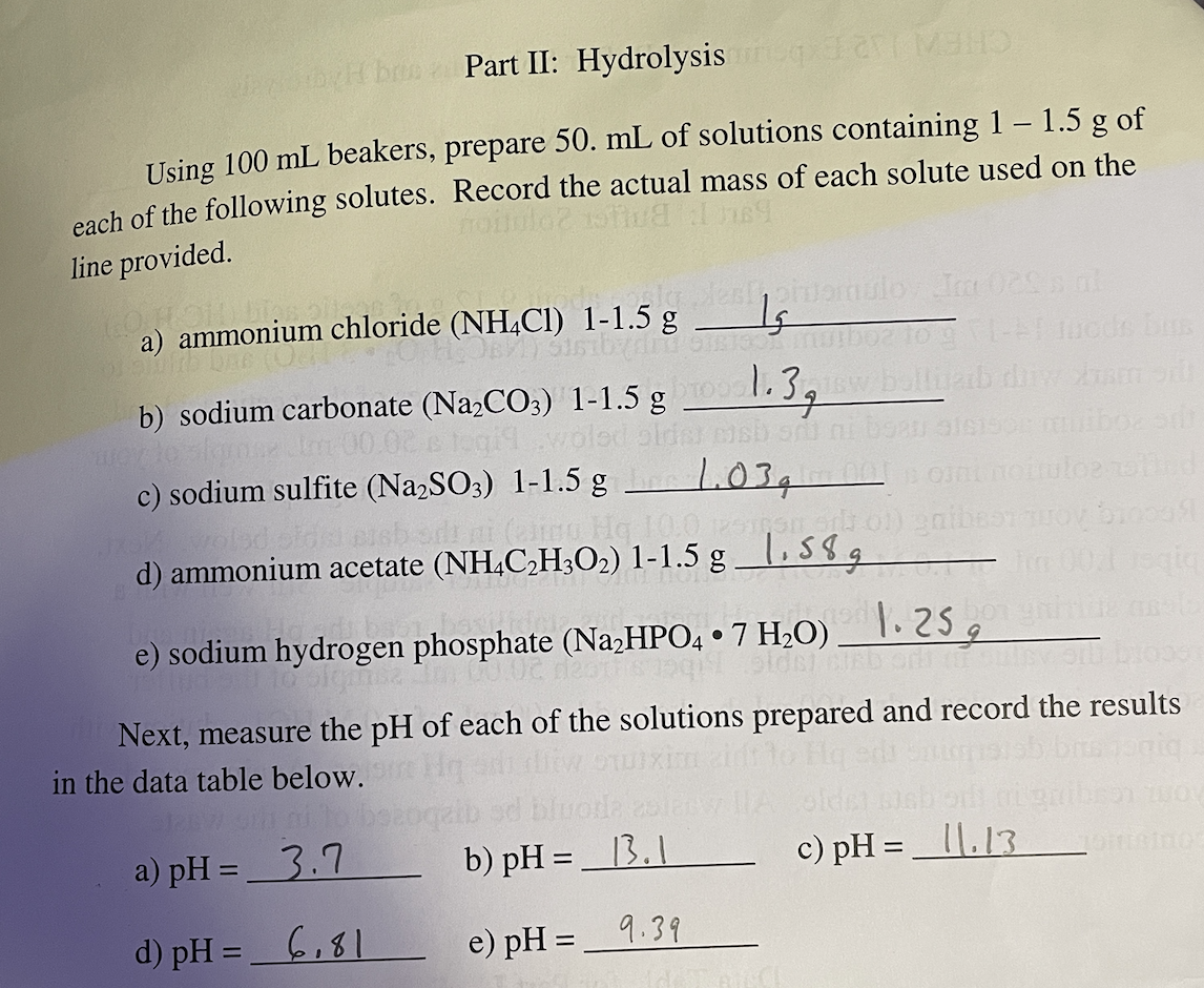 Solved Next, measure the pH of each of the solutions | Chegg.com