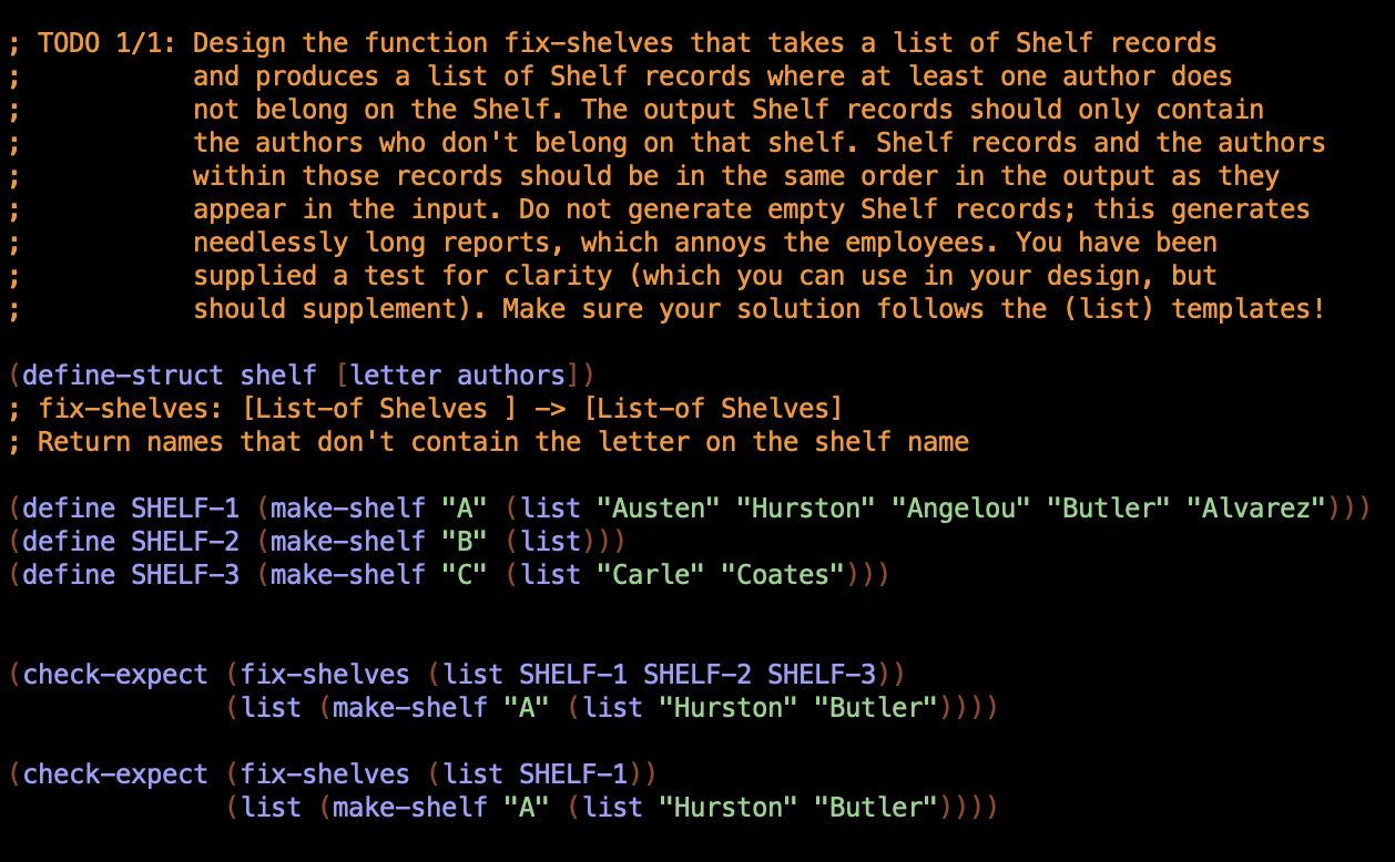 Solved ;OD0 1/1: Design the function fix-shelves that takes | Chegg.com