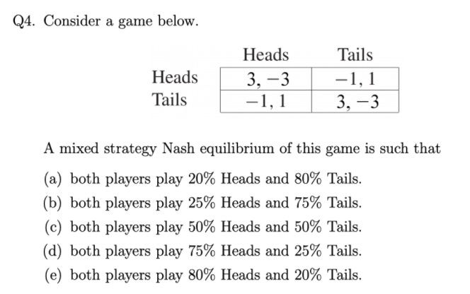 Solved Q4. Consider a game below. Heads Tails Heads 3,-3 | Chegg.com
