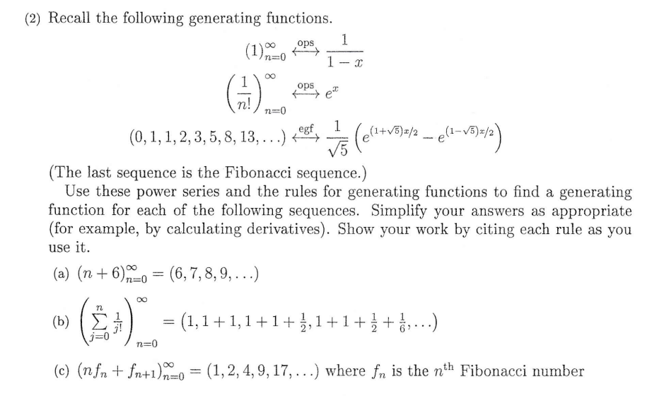 (2) Recall the following generating functions. (1) | Chegg.com