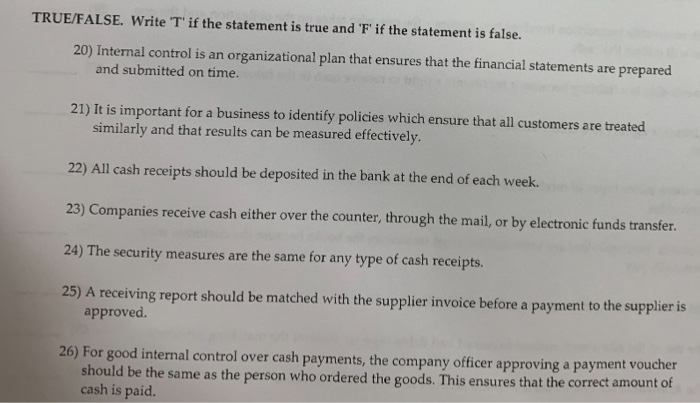 Solved TRUE/FALSE. Write T if the statement is true and F' | Chegg.com