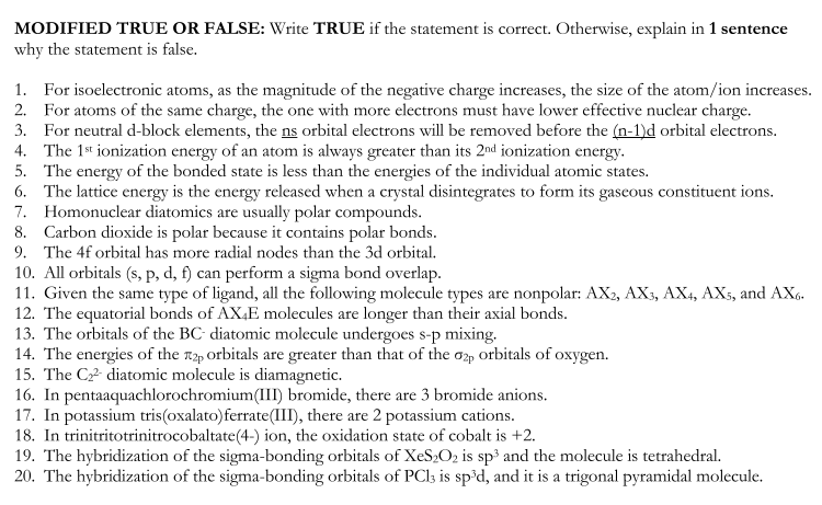 Solved MODIFIED TRUE OR FALSE: Write TRUE if the statement | Chegg.com