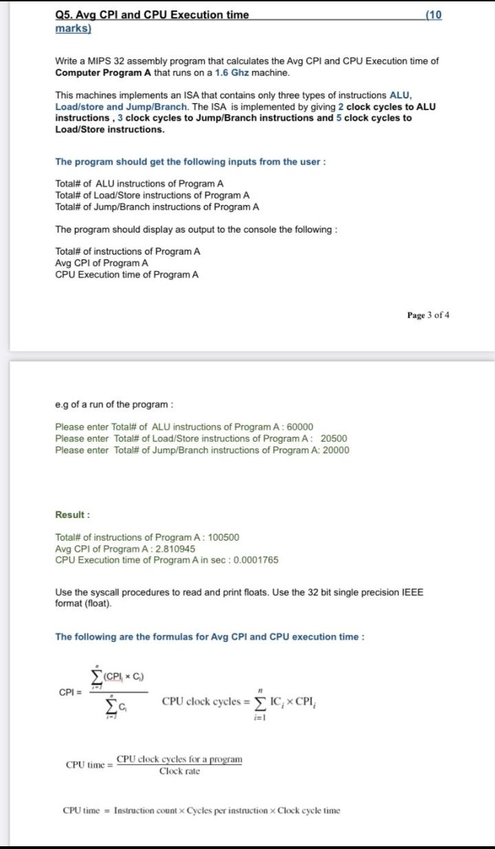 Solved (10 Q5. Avg CPI and CPU Execution time marks) Write a | Chegg.com