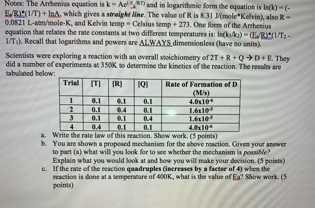 Solved Notes: The Arrhenius equation is k = Ael-ERT) and in | Chegg.com