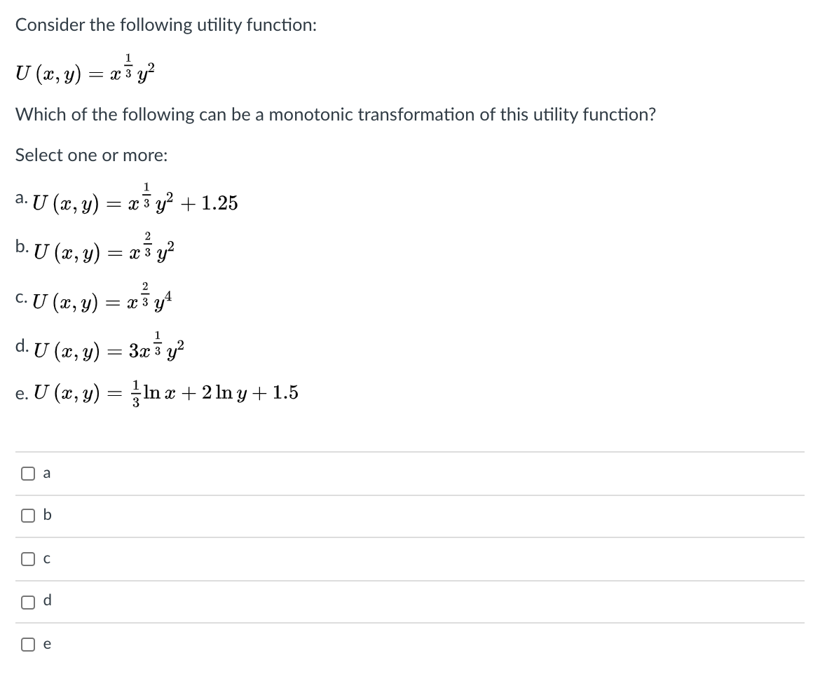 Solved Consider the following utility function: U (x, y) = | Chegg.com