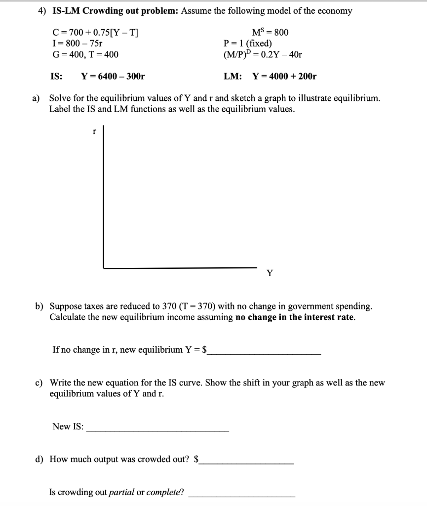 Solved 4) IS-LM Crowding out problem: Assume the following | Chegg.com