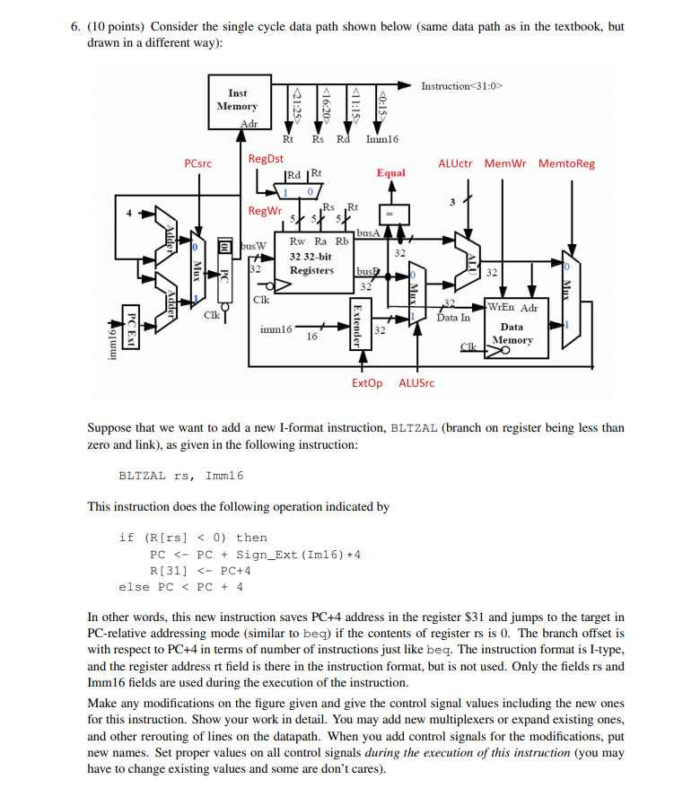 6. (10 points) Consider the single cycle data path | Chegg.com