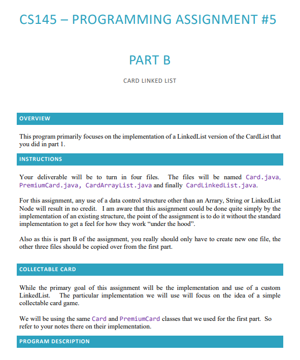 Solved CS145 - PROGRAMMING ASSIGNMENT #5 PART B CARD LINKED | Chegg.com