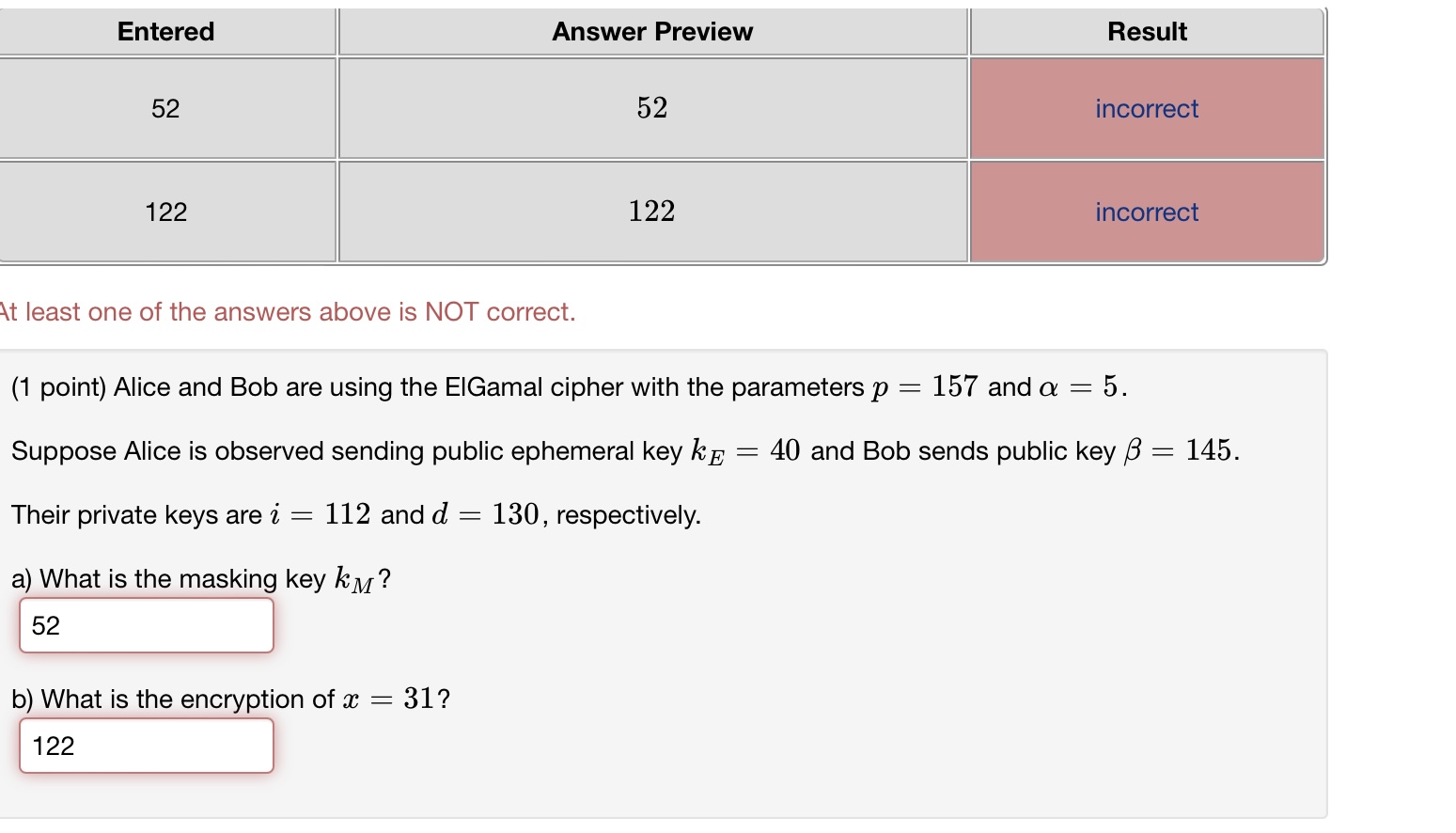 Solved (1 ﻿point) ﻿Alice and Bob are using the ElGamal | Chegg.com