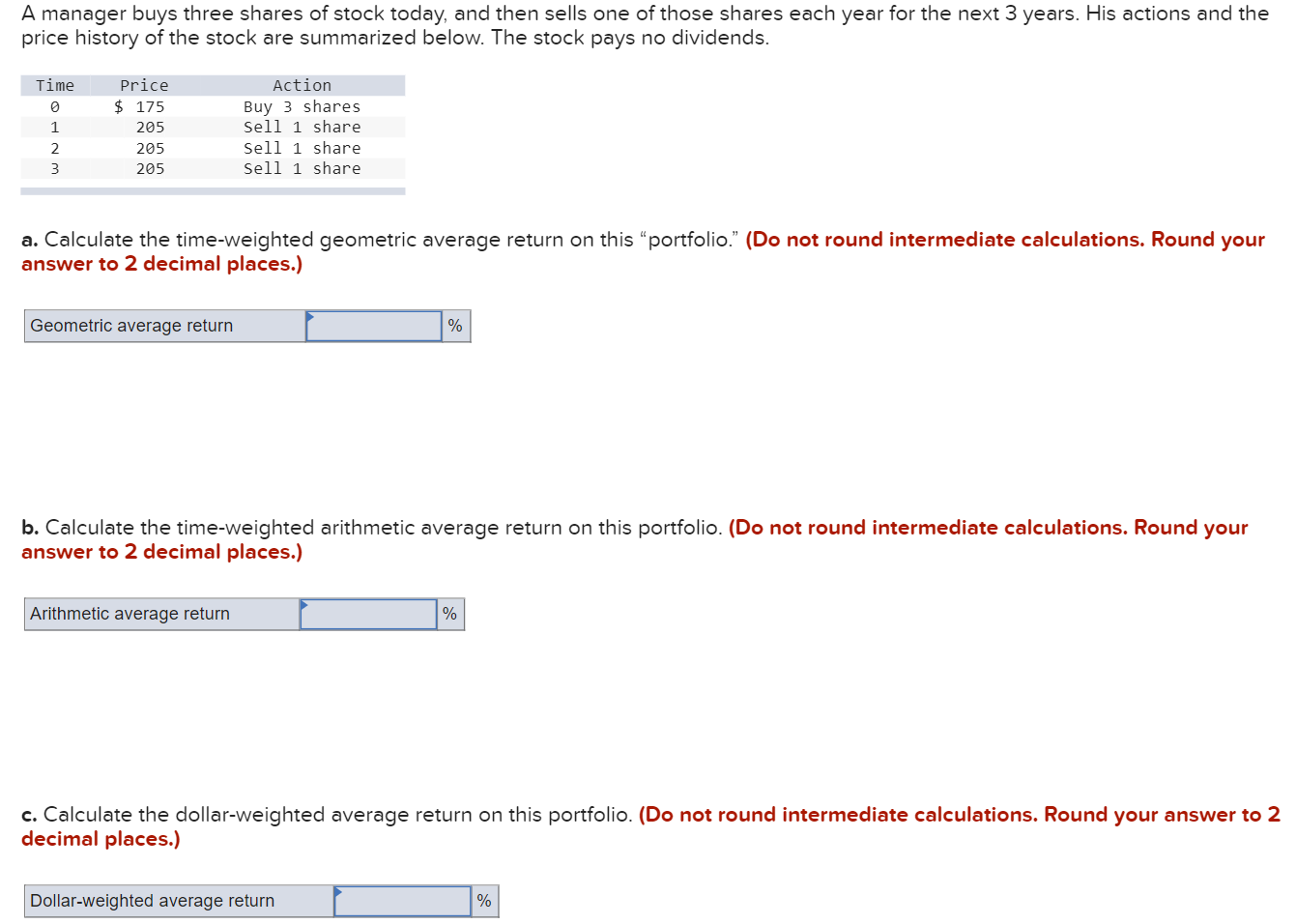 Solved A manager buys three shares of stock today, and then | Chegg.com