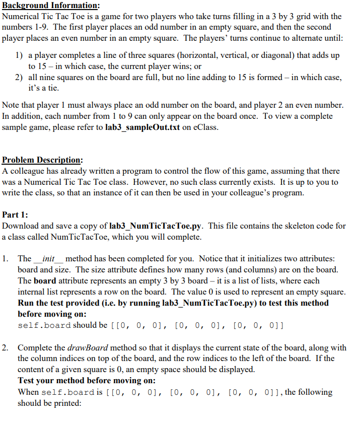 Solved Background Information: Numerical Tic Tac Toe is a | Chegg.com