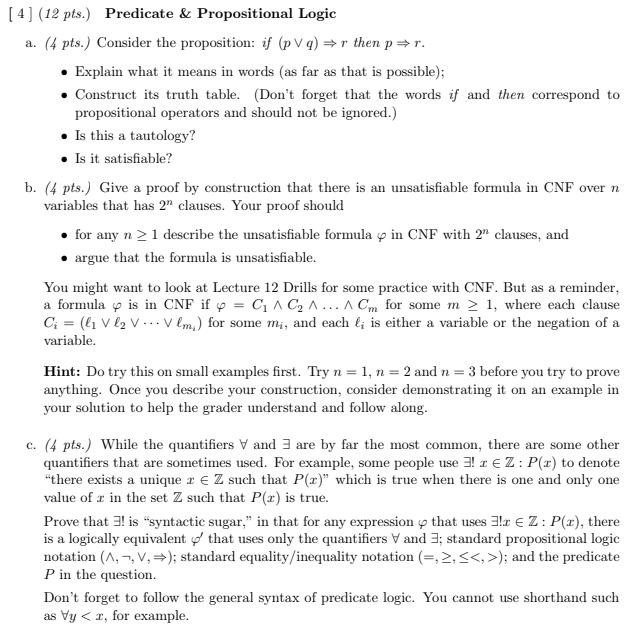 Solved [4] (12 pts.) Predicate & Propositional Logic a. (4 | Chegg.com
