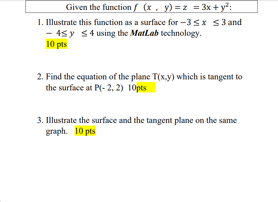 Solved Given the function f(x,y)=z=3x+y2 : 1. Illustrate | Chegg.com
