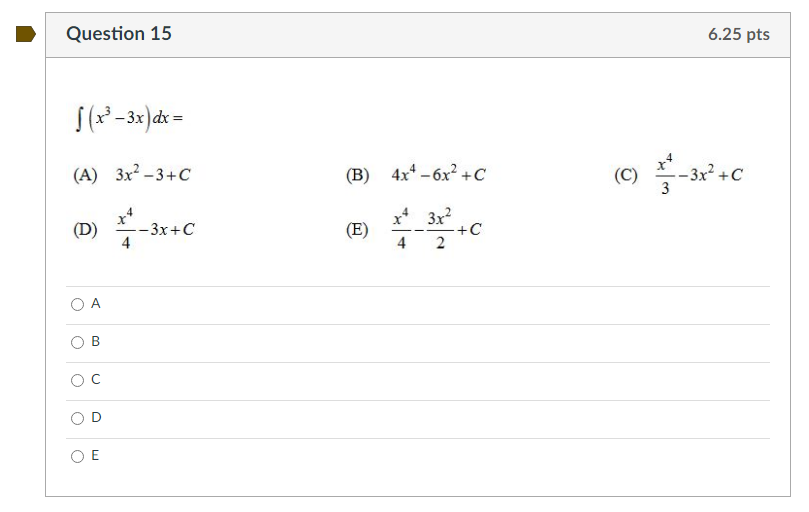 Solved ∫(x3−3x)dx= (A) 3x2−3+C (B) 4x4−6x2+C (C) 3x4−3x2+C | Chegg.com
