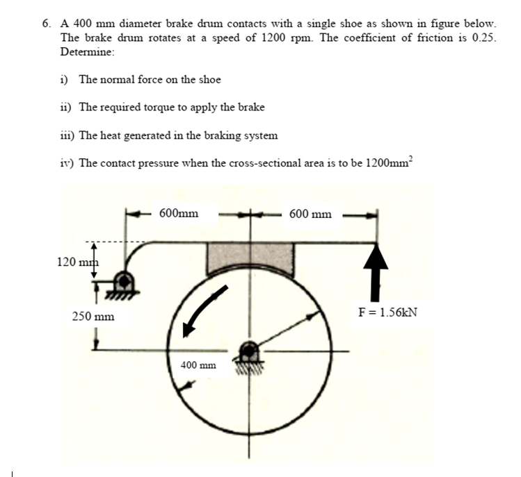 Solved 6. A 400 mm diameter brake drum contacts with a | Chegg.com