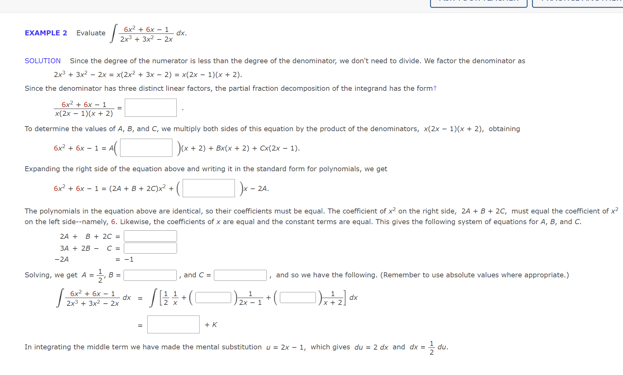 EXAMPLE 2 ﻿Evaluate ∫﻿﻿6x2+6x-12x3+3x2-2xdxSOLUTION | Chegg.com