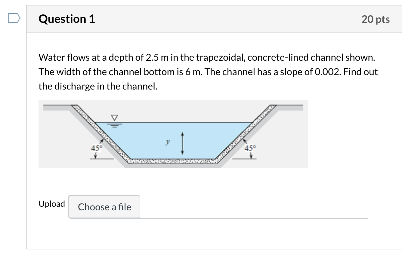 Solved Question 1 20 pts Water flows at a depth of 2.5 m in | Chegg.com