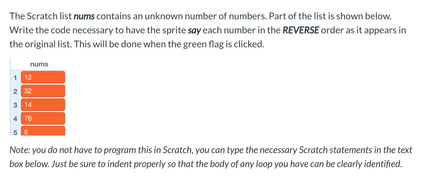 The Scratch list nums contains an unknown number of | Chegg.com