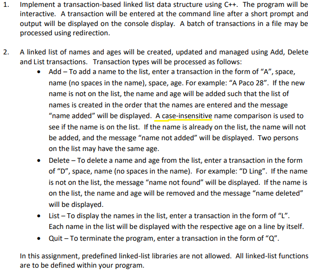 Solved 1. Implement a transaction-based linked list data | Chegg.com