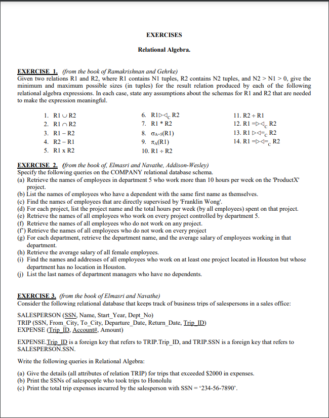Solved Given two relations R1 and R2, where R1 contains N1 | Chegg.com