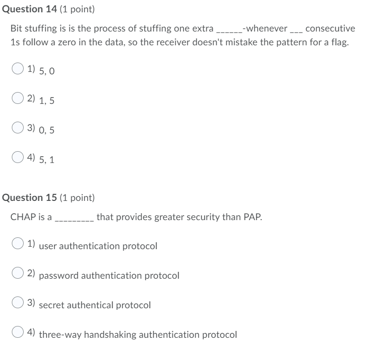 Solved Question 14 (1 point) Bit stuffing is is the process | Chegg.com