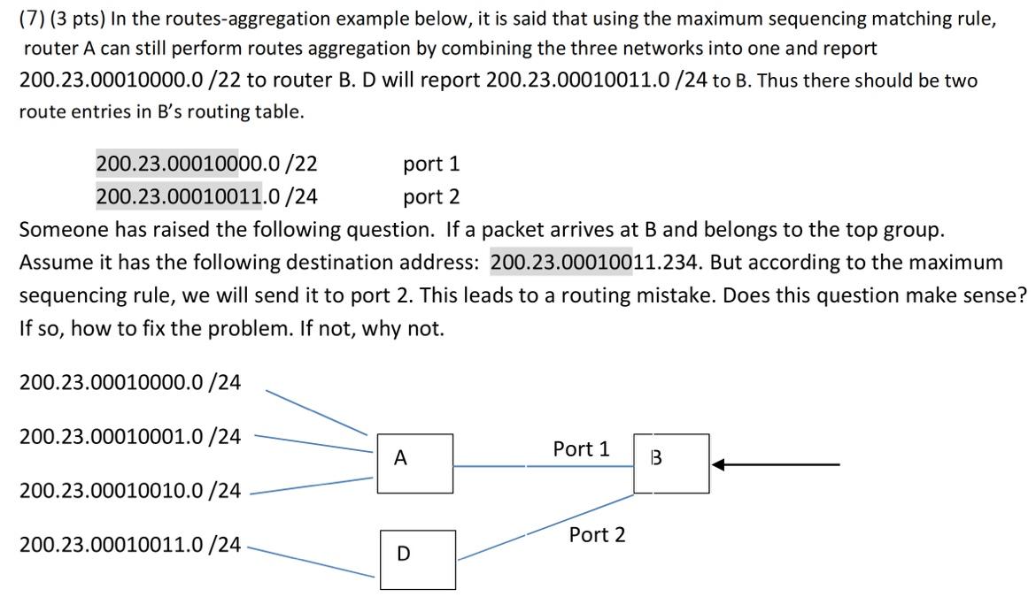 Solved (7) ( 3 pts) In the routes-aggregation example below, | Chegg.com