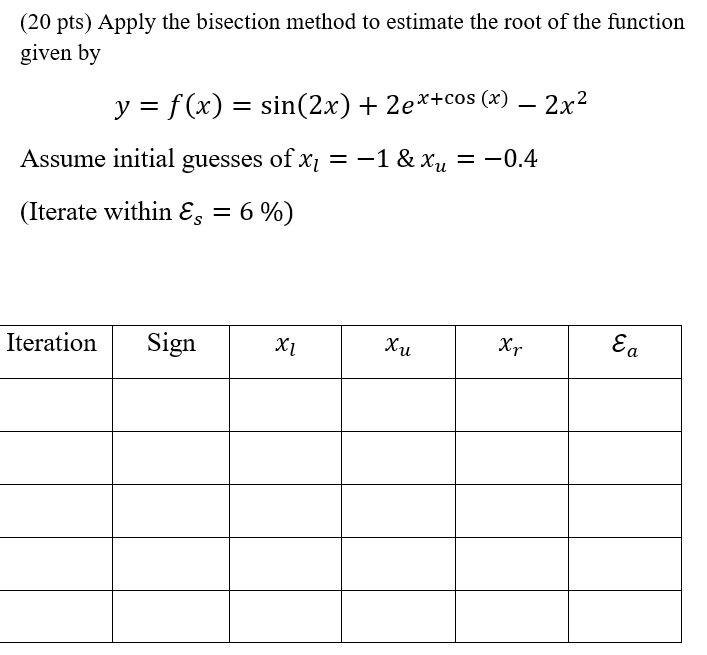Solved ( 20 pts) Apply the bisection method to estimate the | Chegg.com Solved ( 20 pts) Apply the bisection method to estimate the | Chegg.com