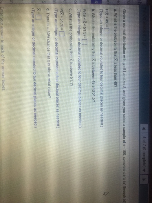 Solved Given a normal distribution with mu = 51 and sigma = | Chegg.com