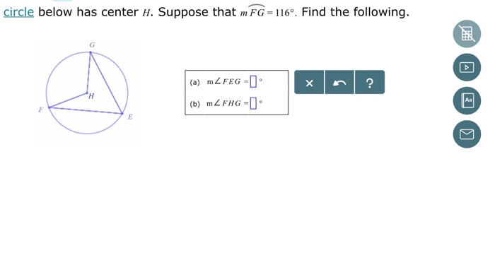 Solved circle below has center H. Suppose that m FG 116°. | Chegg.com