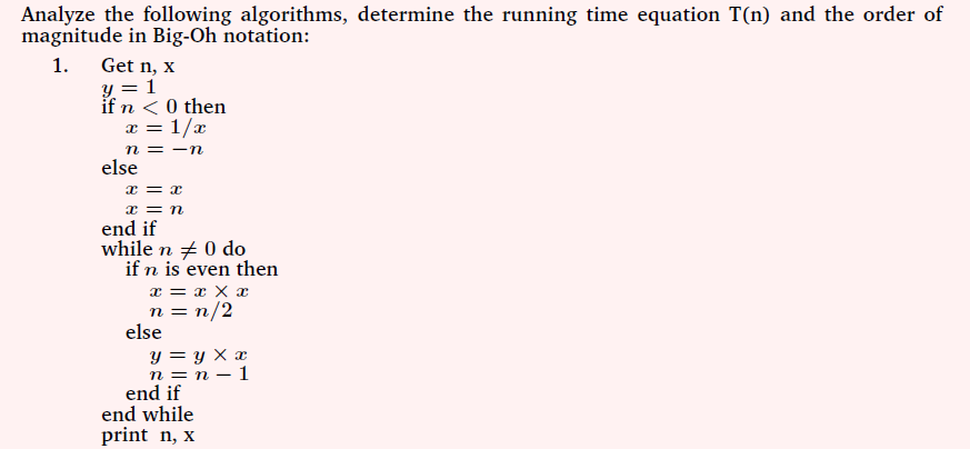 Solved y = 1 Analyze the following algorithms, determine the | Chegg.com