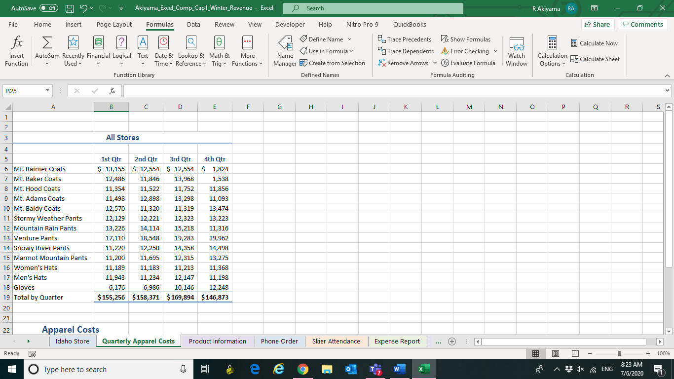Solved On the Quarterly Apparel Costs worksheet, in cell | Chegg.com