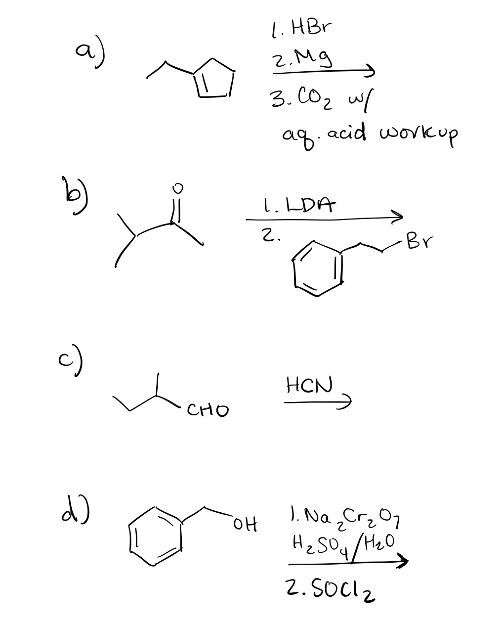 Solved L.HBr a) 2.Mg 3.CO₂ w/ aq. acid workup b ) 1. LDA 2. | Chegg.com
